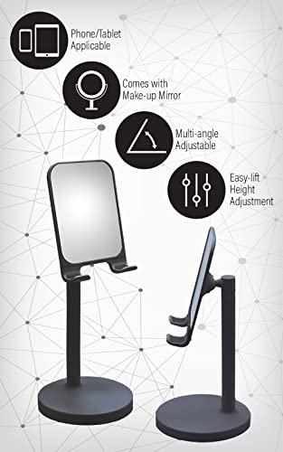 KN FLAX Cell Phone Stand with Mirror Mobile Phone and iPad Holder for Desk with Adjustable View Angle & Height, Handsfree Smart Phone Cradle, Dock for Office Kitchen Traveling Accessories - Black