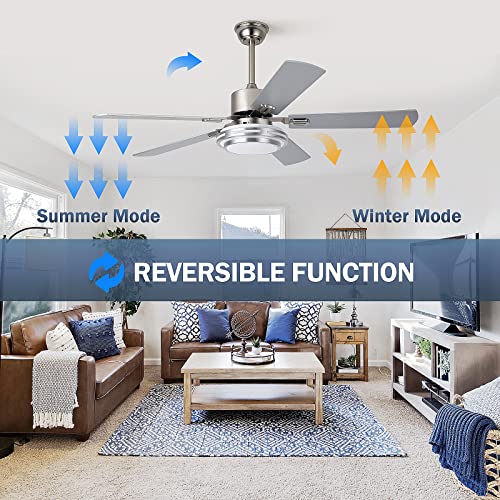 Chriari 52 Inch Ceiling Fans with Lights Remote Control, Wood Low Profile Ceiling Fan with 5 Silver Blades Quiet Reversible DC Motor, Modern Ceiling Fan with 6 Speeds, Dimmable LED Light, Smart Timing