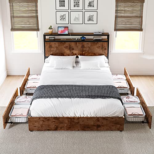 LUXOAK Full Size Bed Frame with 4 Storage Drawers, Wooden Platform Bed with 2-Tires Storage Headboard and Charging Station, No Box Spring Needed/Noise Free/Rustic Brown