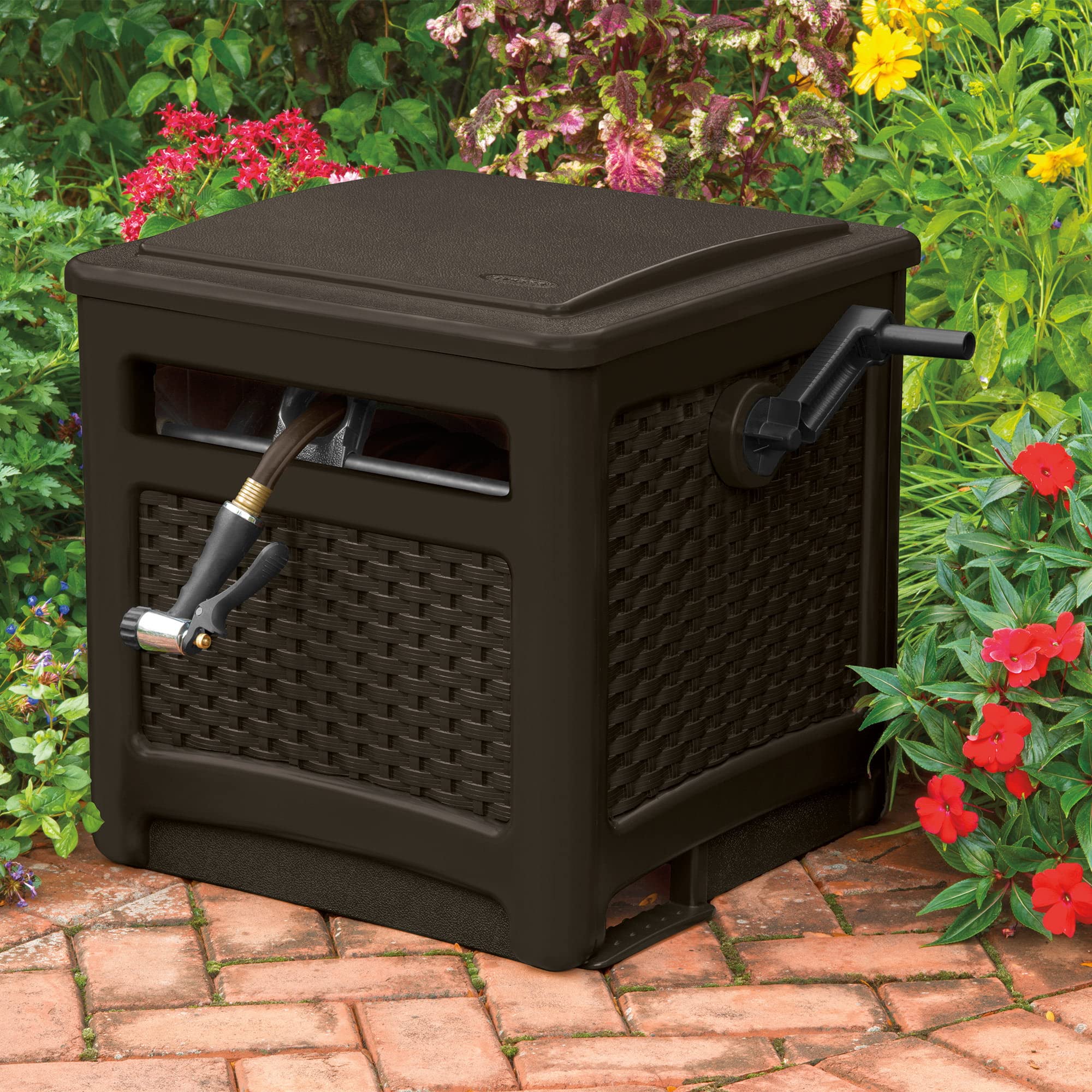Smart Trak Wicker Garden Hose Reel Guide, Hideaway, Weather-resistant, 225 ft, Brown