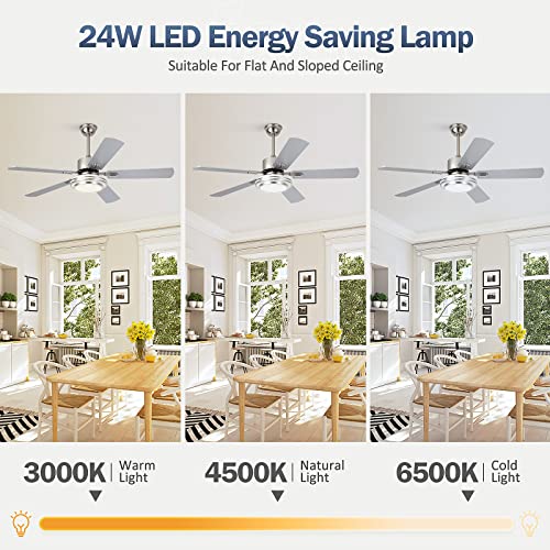 Chriari 52 Inch Ceiling Fans with Lights Remote Control, Wood Low Profile Ceiling Fan with 5 Silver Blades Quiet Reversible DC Motor, Modern Ceiling Fan with 6 Speeds, Dimmable LED Light, Smart Timing