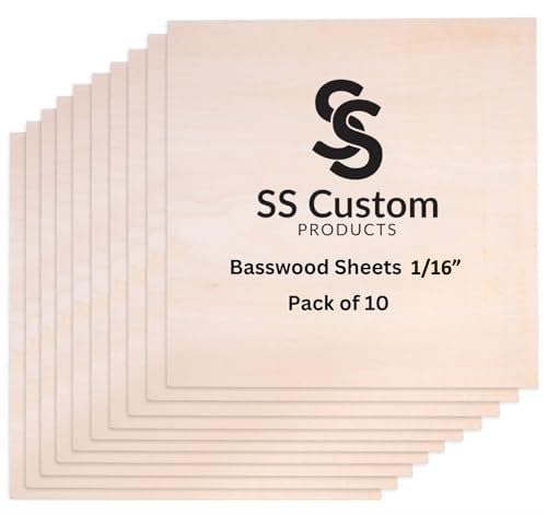Basswood Sheets for Crafts - 10 Pack - 12 x 12 x 1/16 Inch - 1.5mm Thick Plywood Sheets with Smooth Surfaces - Bass Wood for Laser Cutting, Wood Burning, Architectural Models, Staining, Drawing