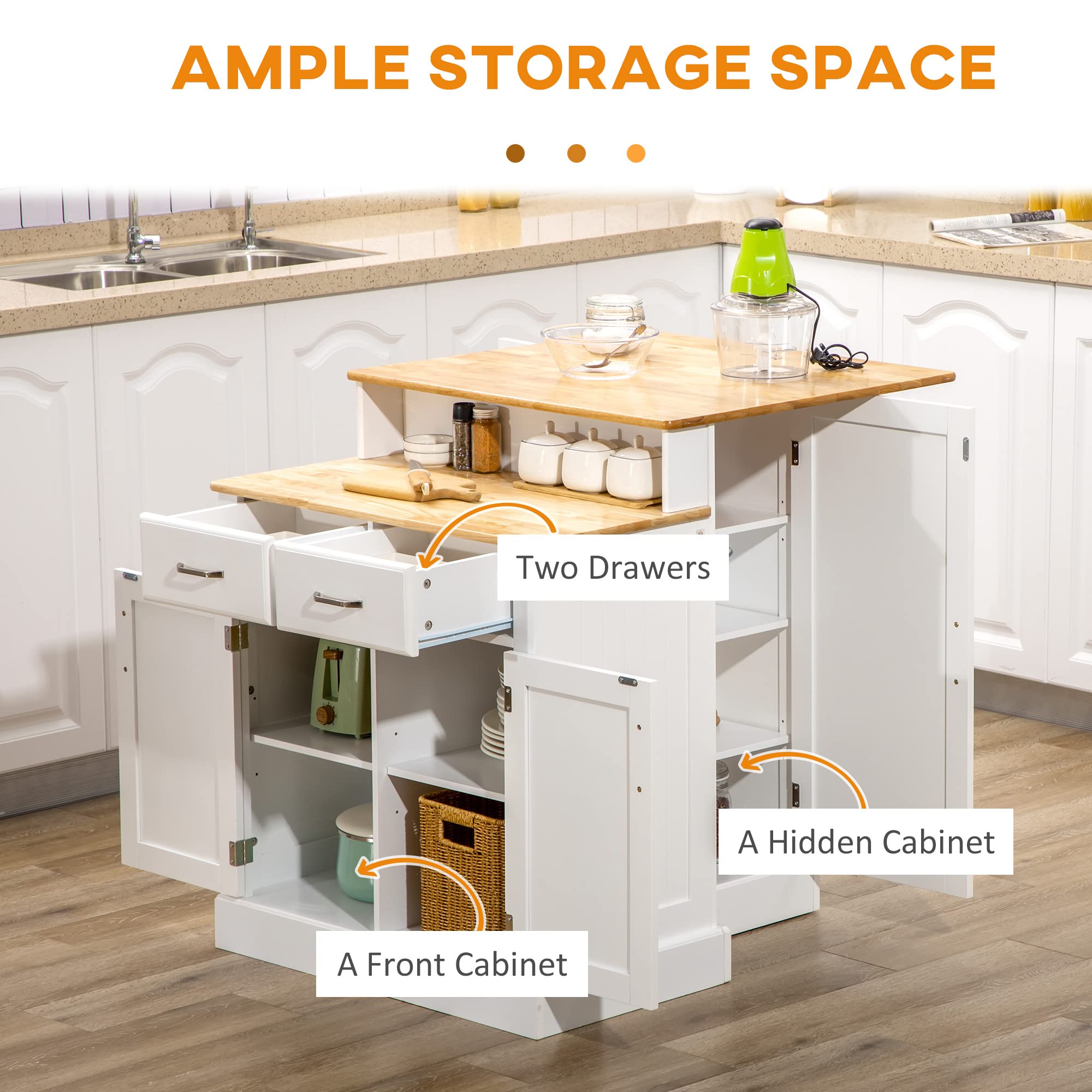 HOMCOM Kitchen Island with Storage Cabinet and 2-Level Rubber Wood Tabletop, Island Table with Adjustable Shelves and Drawers, White