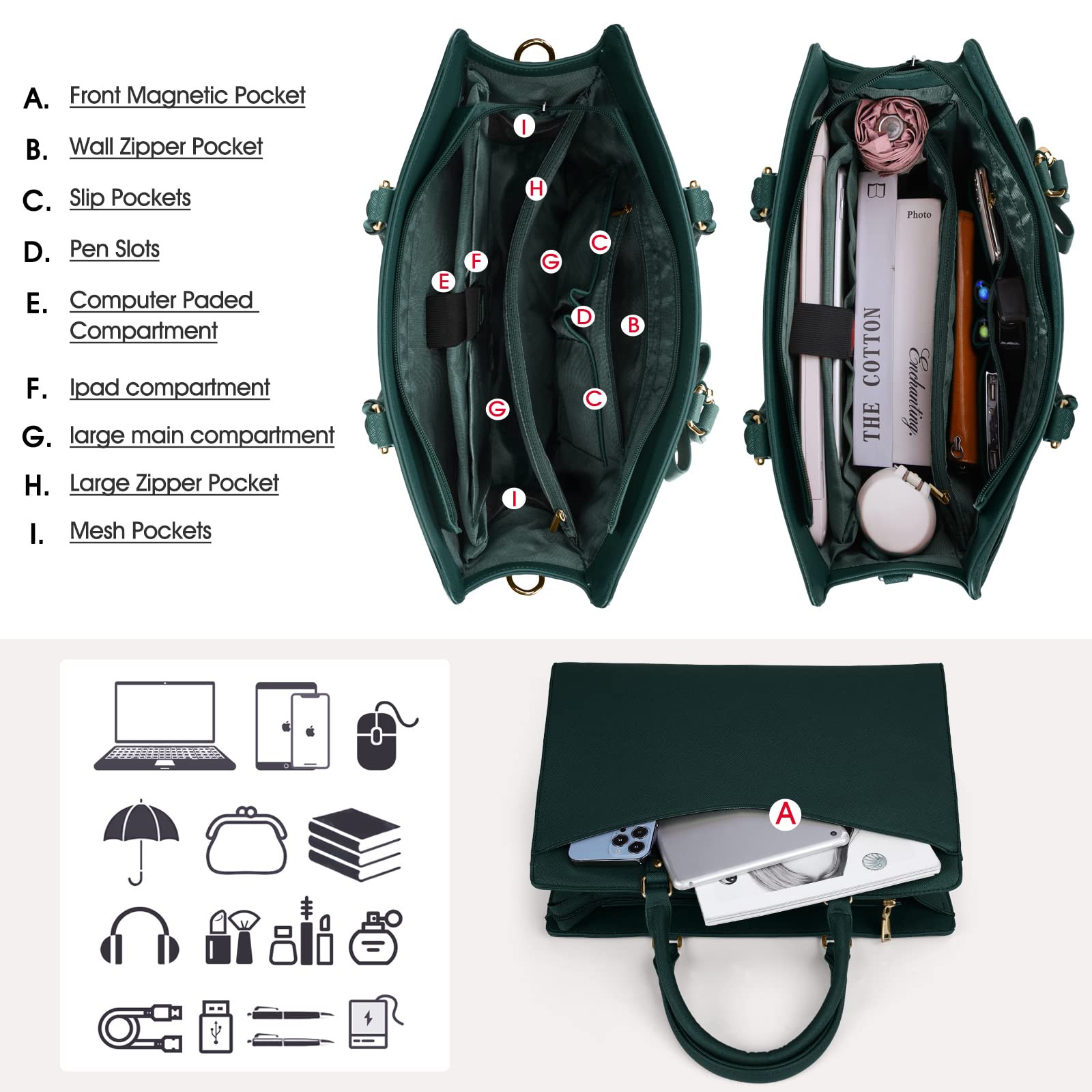 RAINSMORE Laptop Bag for Women 15.6 Inch PU Tote Bag Business Work Bag Waterproof Briefcase Computer Tote Lightweight Handbag Shoulder, Dark Green