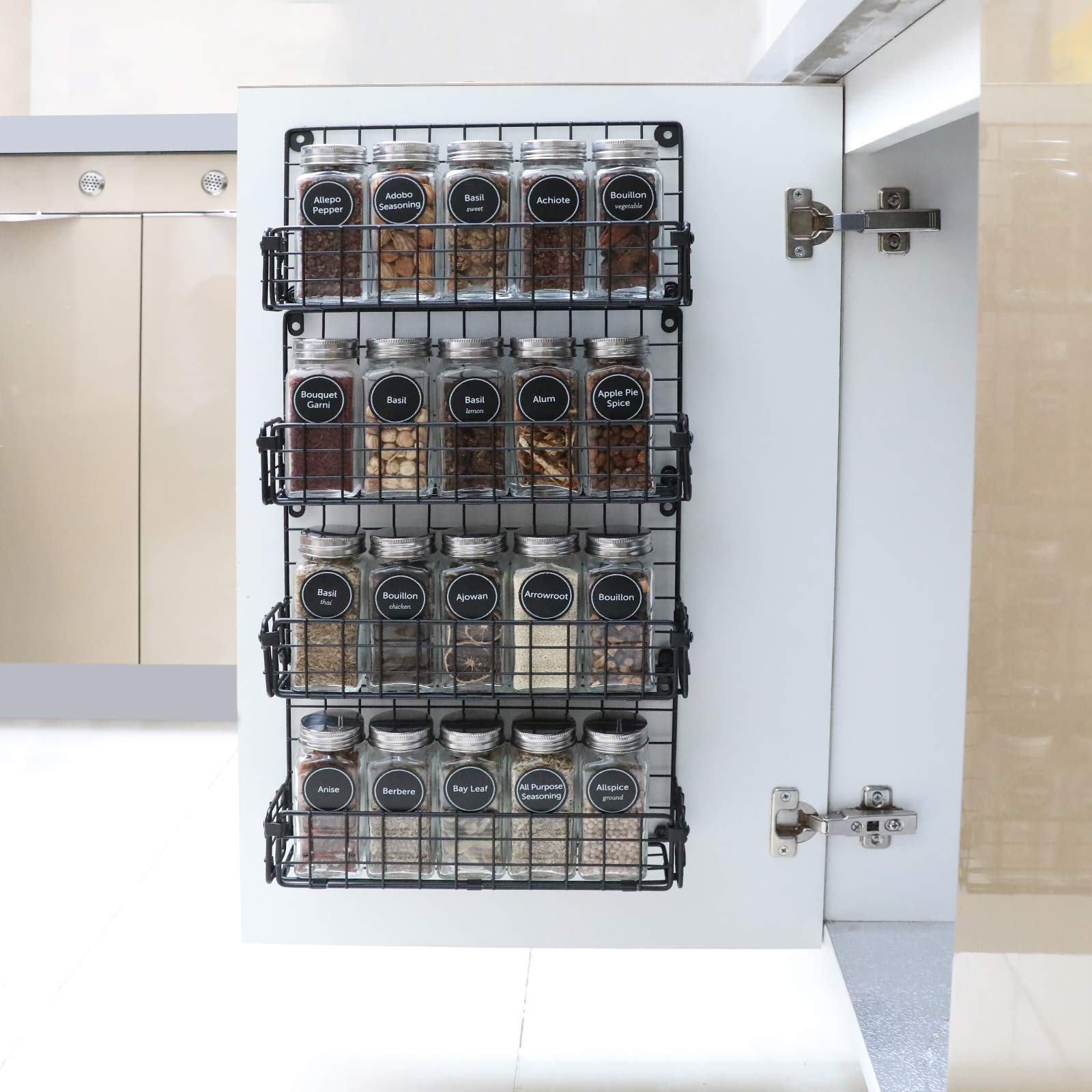 Spice Rack for Cabinet Wall Mounted, 4-Tier Stackable Hanging Spice Organizer for Jars and Seasoning Storage, Great for Kitchen Pantry Door, Black Iron Wire