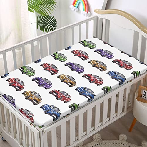 Cars Themed Fitted Mini Crib Sheets,Portable Mini Crib Sheets Soft & Stretchy Fitted Crib Sheet-Crib Mattress Sheet or Toddler Bed Sheet, 24β x38β,Fern Green Purple Red