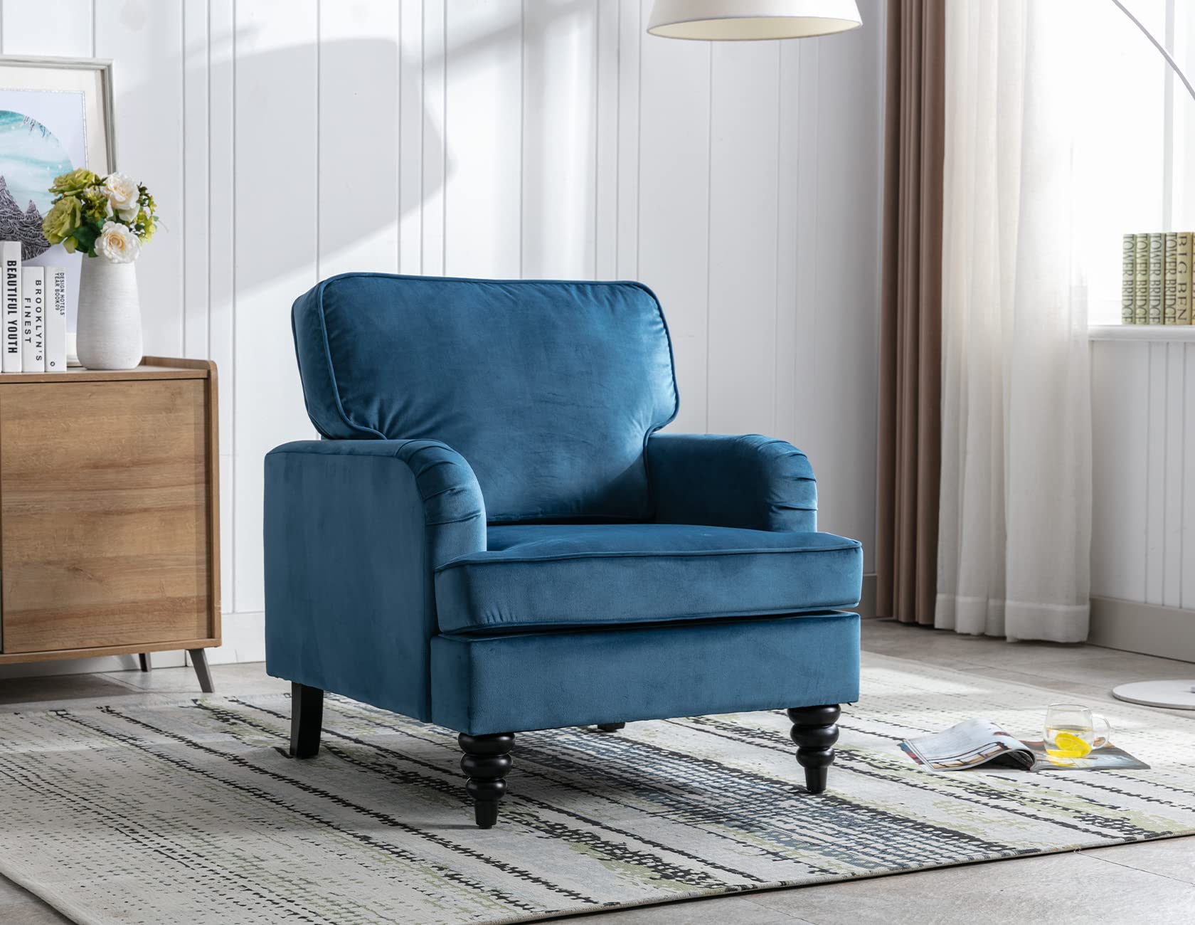 Kmax Accent Chair Velvet Modern Arm Sofa Chair Comfy Single Club Chair with Thick Cushion for Living Room Bedroom, Blue