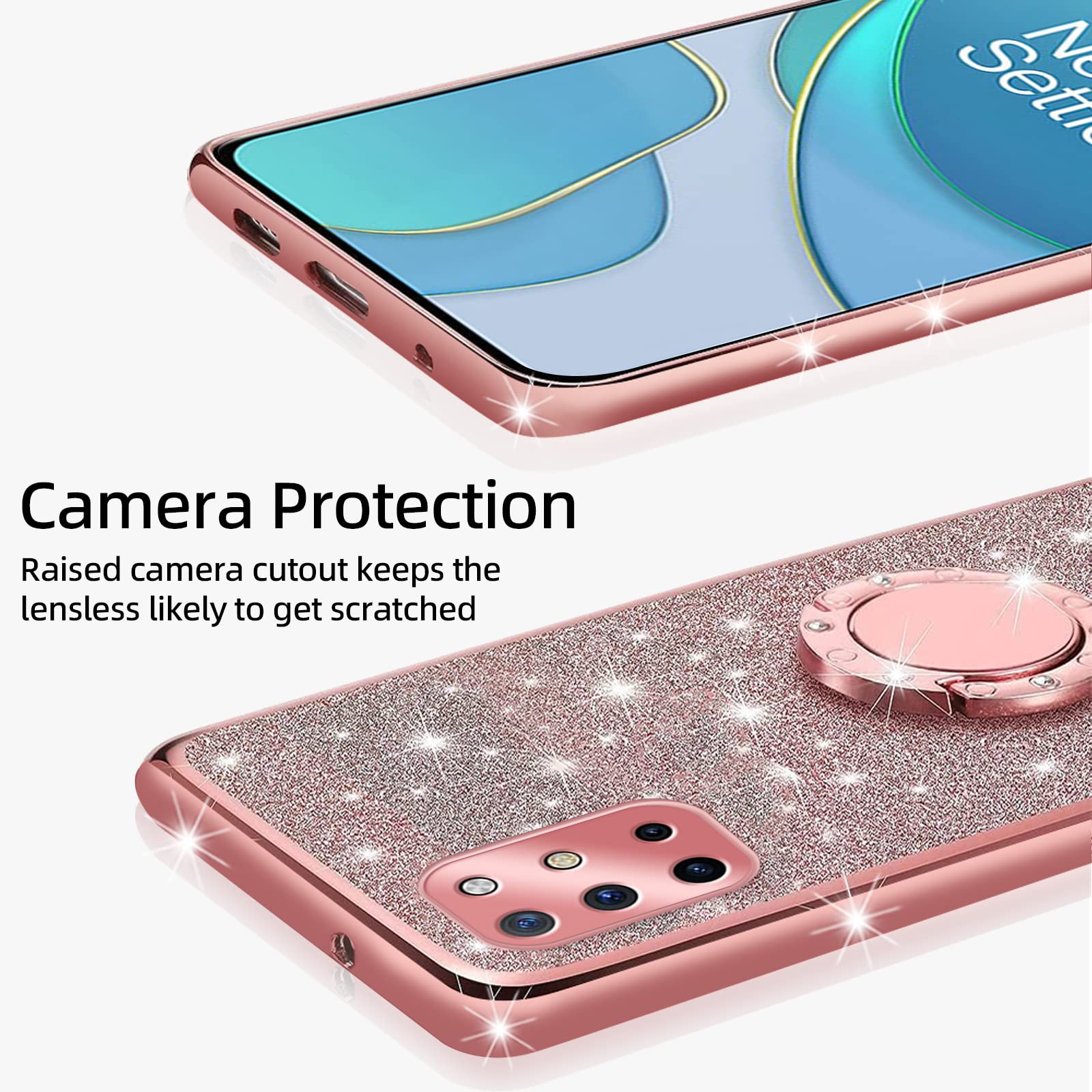 KuDiNi Oneplus 8T Case, Glitter Rose Crystal Soft Clear TPU Protective Cover with Kickstand for Oneplus 8T (2020)