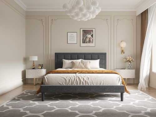 Nazhura Queen Size Bed Frame Upholstered Modern Low Profile Platform with Tufted Headboard/No Box Spring Needed/Linen Fabric Upholstery/Charcoal Grey