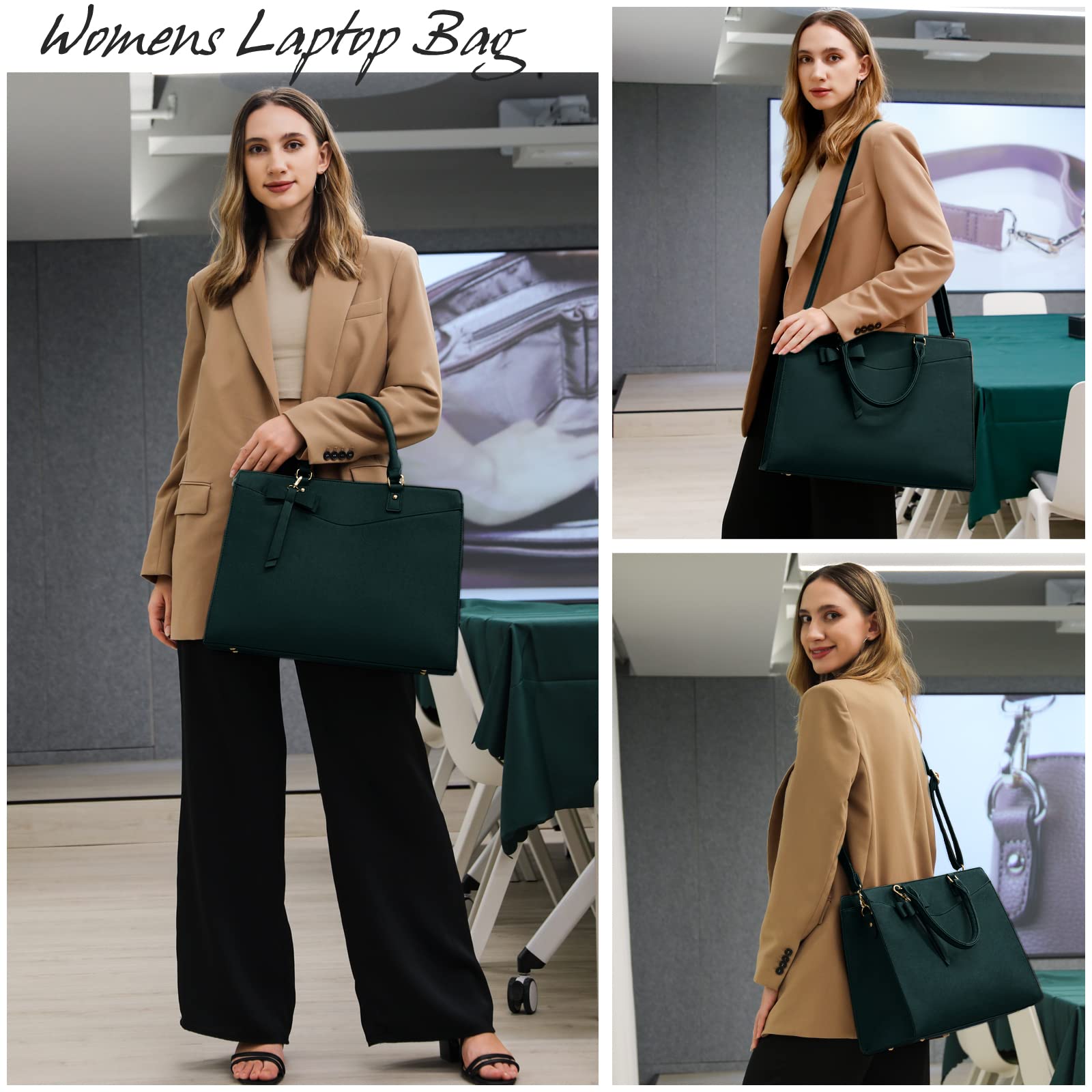 RAINSMORE Laptop Bag for Women 15.6 Inch PU Tote Bag Business Work Bag Waterproof Briefcase Computer Tote Lightweight Handbag Shoulder, Dark Green