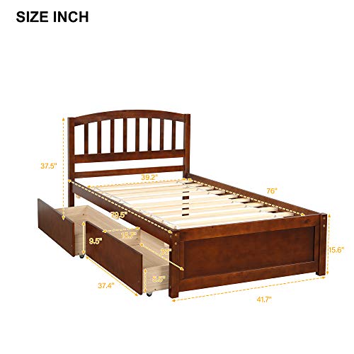 Harper & Bright Designs Twin Bed Frame, Wood Platform Bed with Storage Drawers and Headboard (Walnut)