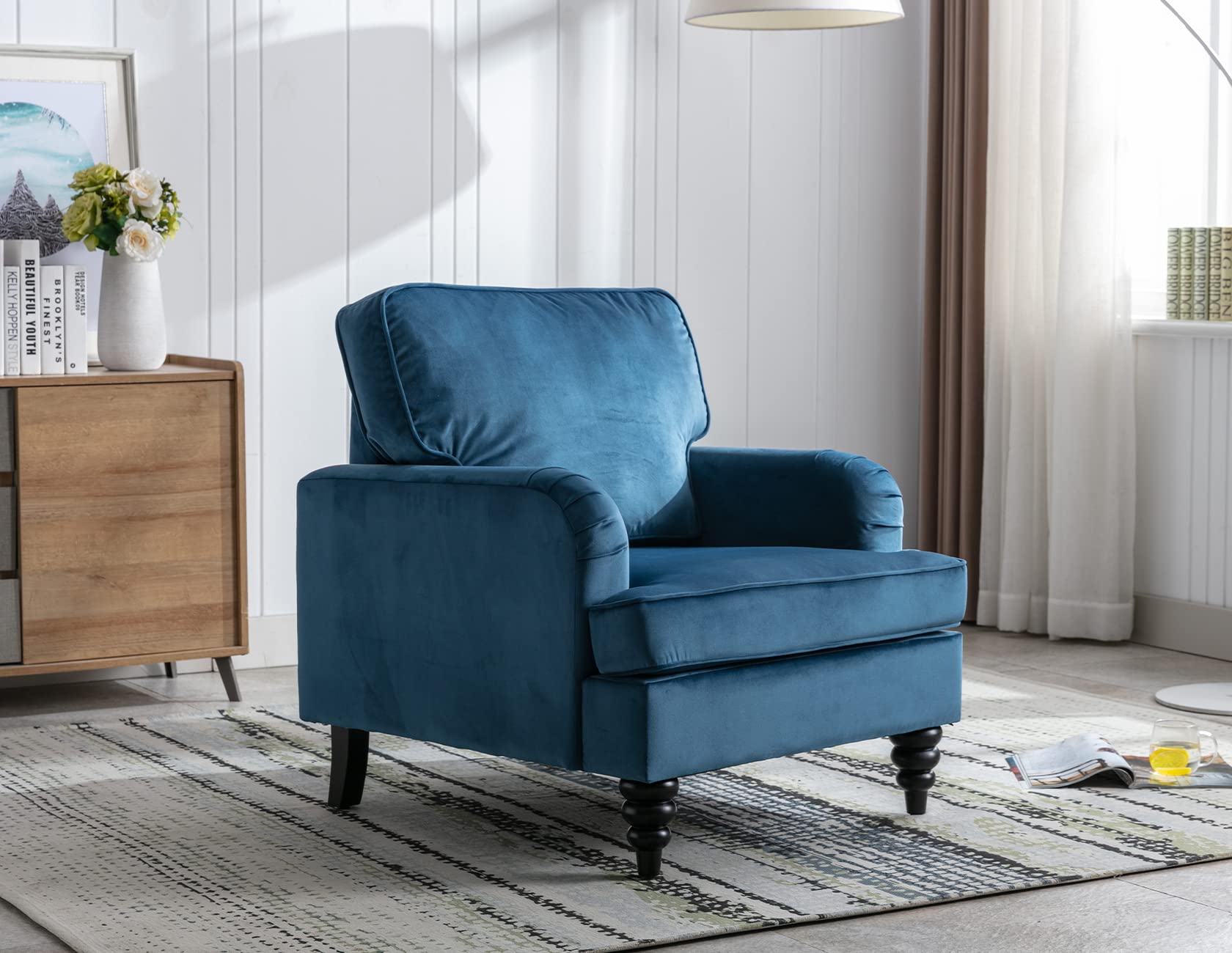 Kmax Accent Chair Velvet Modern Arm Sofa Chair Comfy Single Club Chair with Thick Cushion for Living Room Bedroom, Blue
