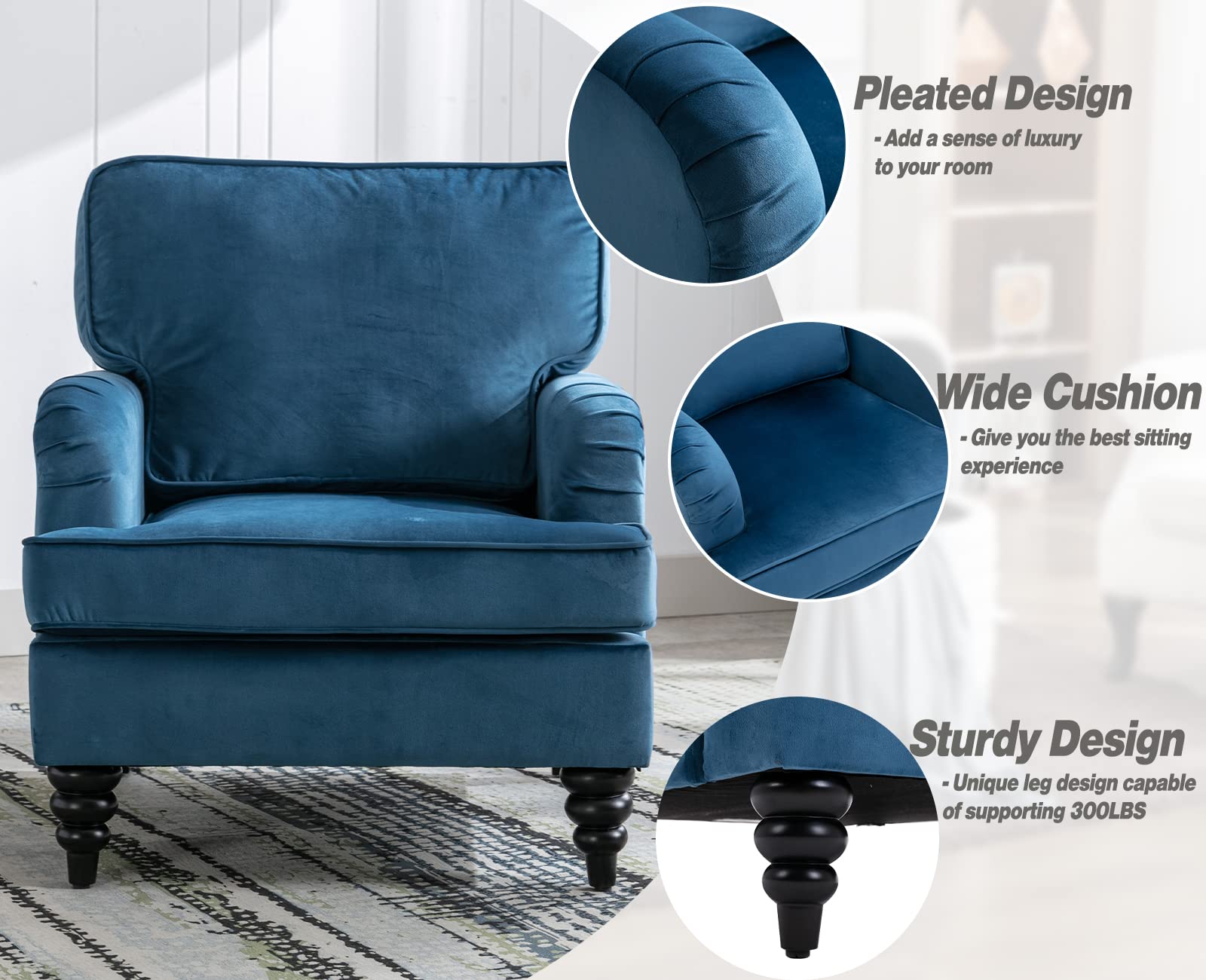 Kmax Accent Chair Velvet Modern Arm Sofa Chair Comfy Single Club Chair with Thick Cushion for Living Room Bedroom, Blue