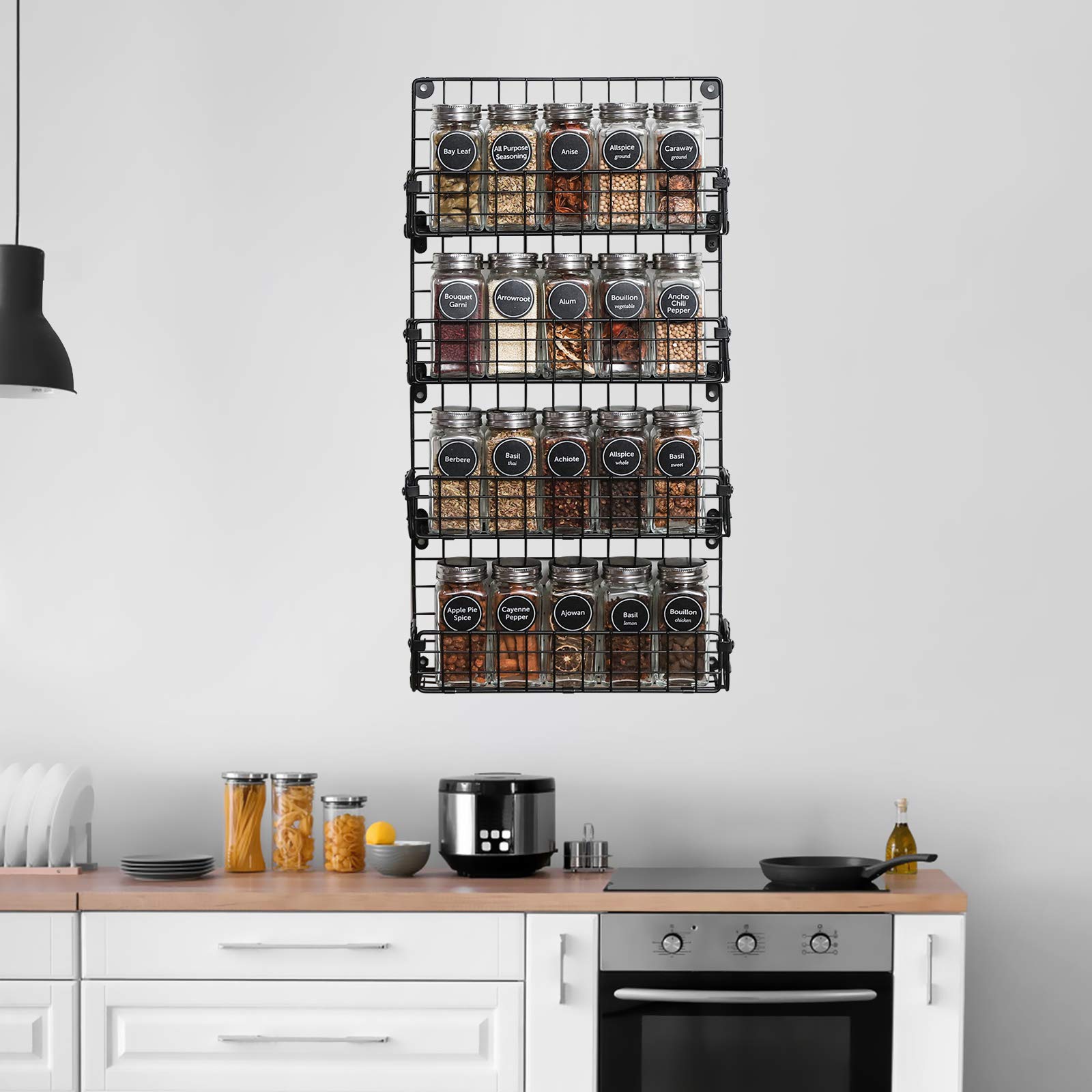 Spice Rack for Cabinet Wall Mounted, 4-Tier Stackable Hanging Spice Organizer for Jars and Seasoning Storage, Great for Kitchen Pantry Door, Black Iron Wire