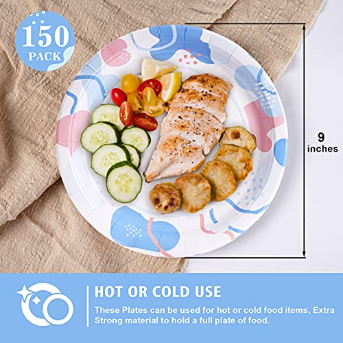 Tyzarglef 150 Count Paper Plates 9 inch Bulk Printed Disposable Dinner Plates Heavy Duty Soak-proof for Everyday Use and All Occasions