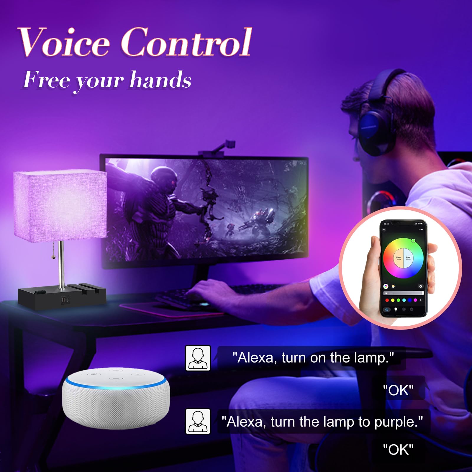 NEWREACH RGB Smart Table Lamp with Remote Control - Alexa Lamp for Bedroom with Voice & APP Control & Music Sync, Dimmable Nightstand Lamp with Charging Station for Living Room, Alexa Bulb Included