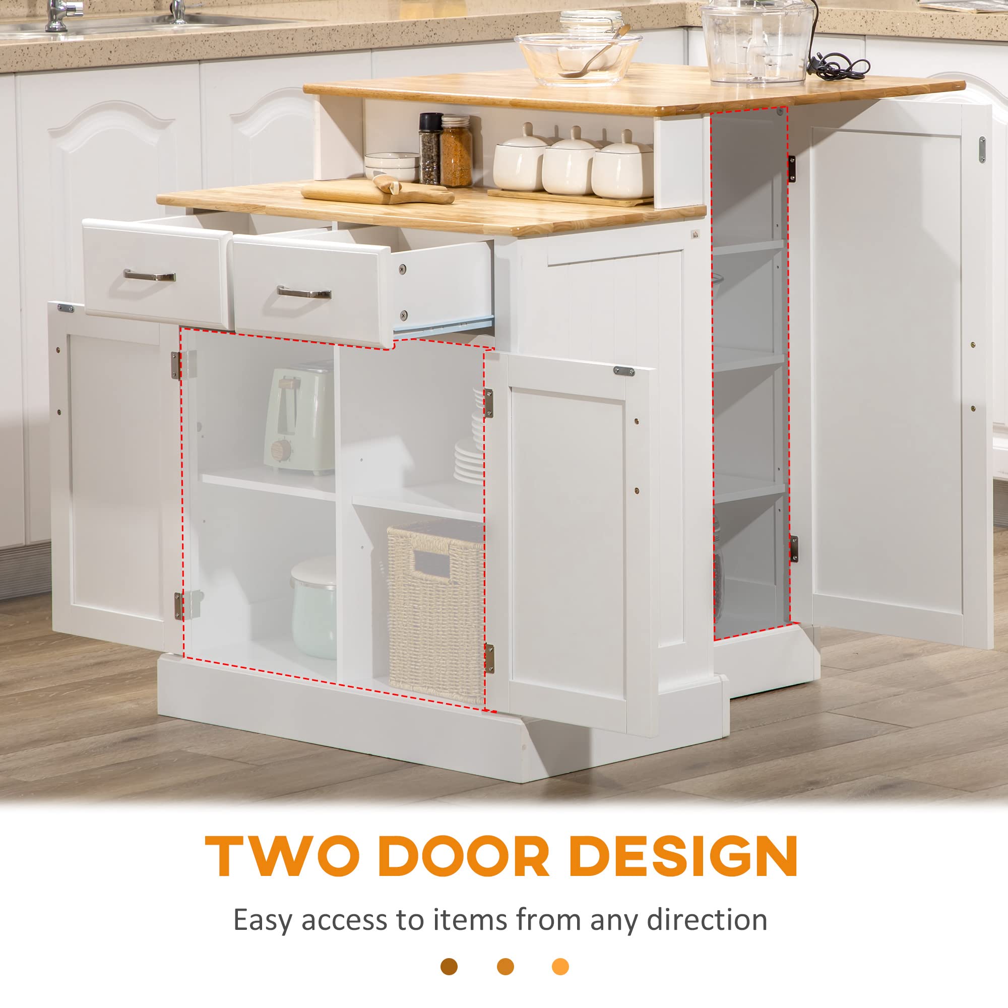 HOMCOM Kitchen Island with Storage Cabinet and 2-Level Rubber Wood Tabletop, Island Table with Adjustable Shelves and Drawers, White