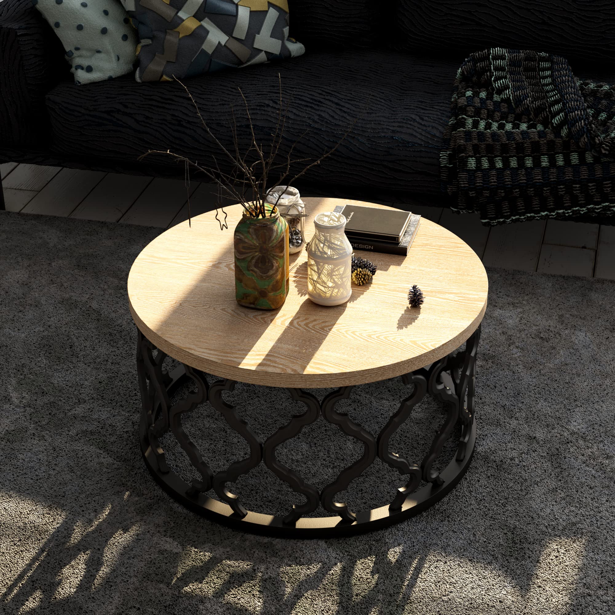 COZAYH Rustic Farmhouse Coffee Table, Distressed Wood Top Table with Curved Motif Frame Base for Modern, French Country Decor, Round, Black