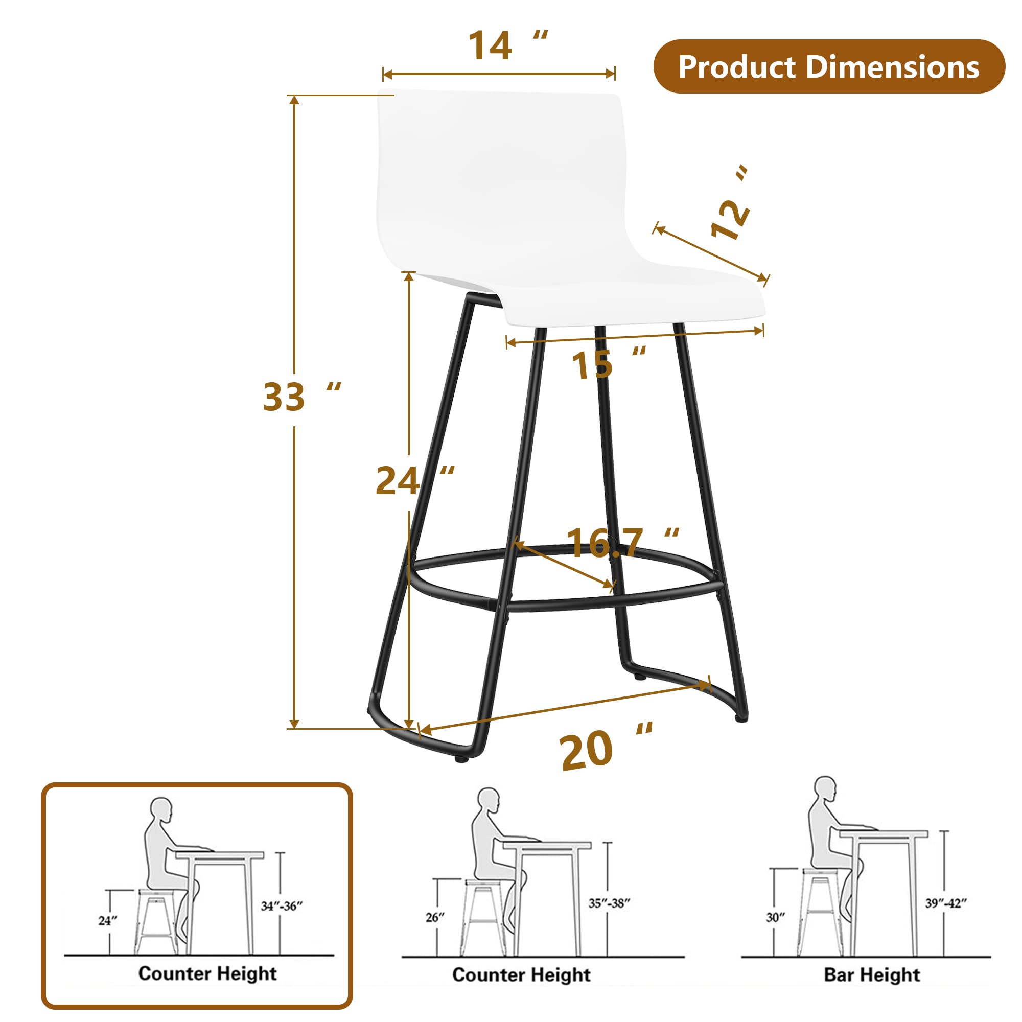POINTANT Bar Stools Set of 4 Bar Stools Counter Height Bar Stools Modern Swivel Bar Stools Bar Chairs with Back Plastic 24" Metal Bar Stools Counter Height,White