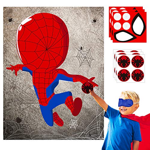 30pcs Spider Super Hero Kids Party Stickers Game, Pin The Eyes Chest Signs and Spiderweb On Large Spider Super Hero Poster Good for Big Superhero Birthday Party, Kid Room Wall Decor, Hero Party Favor