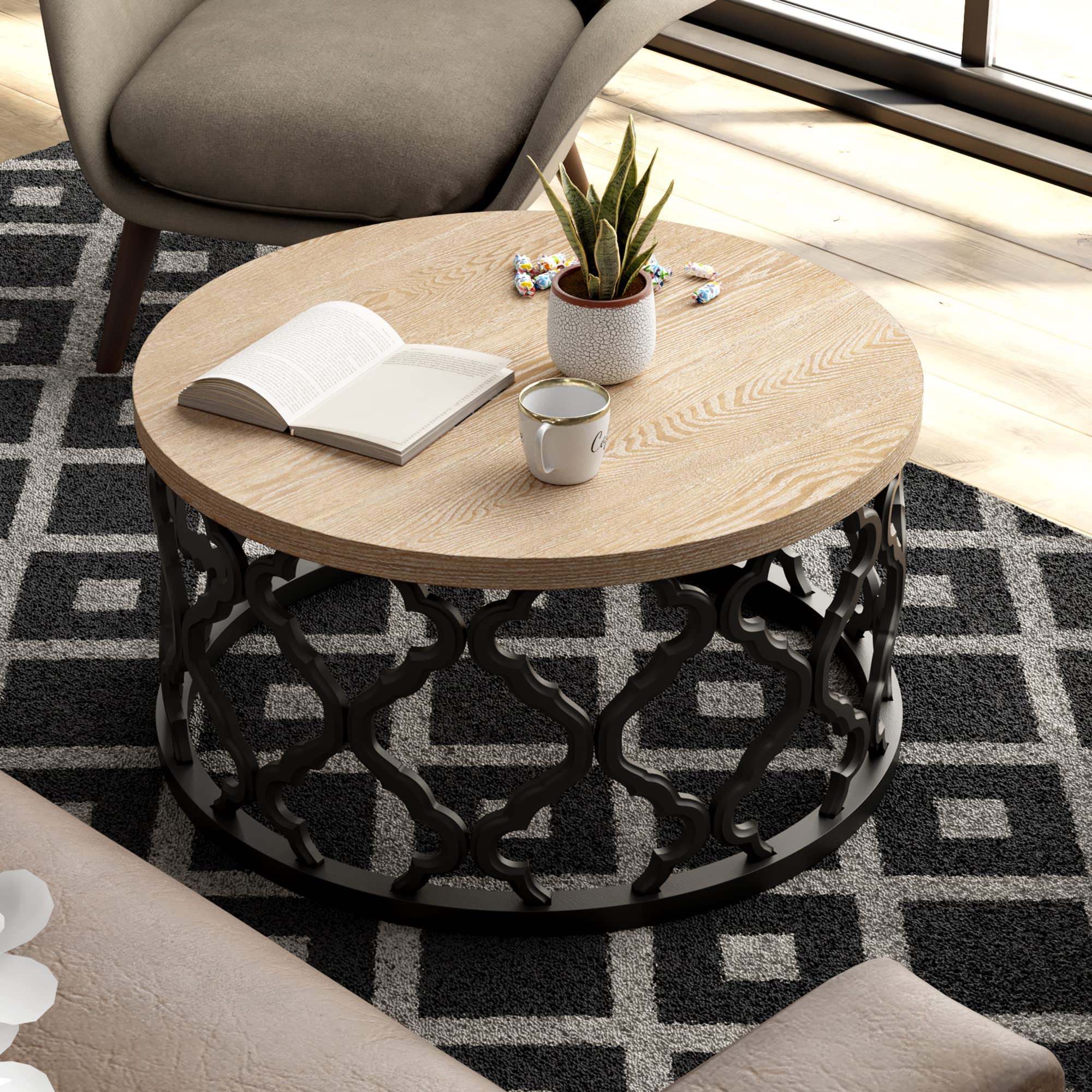 COZAYH Rustic Farmhouse Coffee Table, Distressed Wood Top Table with Curved Motif Frame Base for Modern, French Country Decor, Round, Black