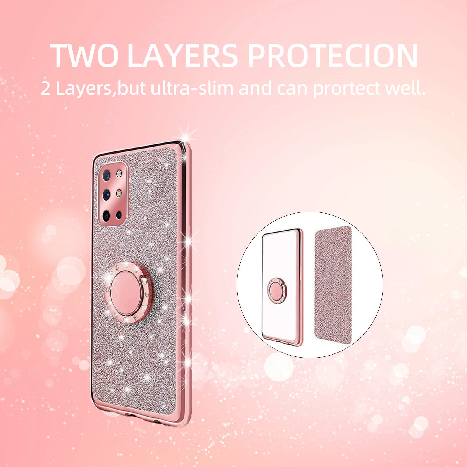 KuDiNi Oneplus 8T Case, Glitter Rose Crystal Soft Clear TPU Protective Cover with Kickstand for Oneplus 8T (2020)