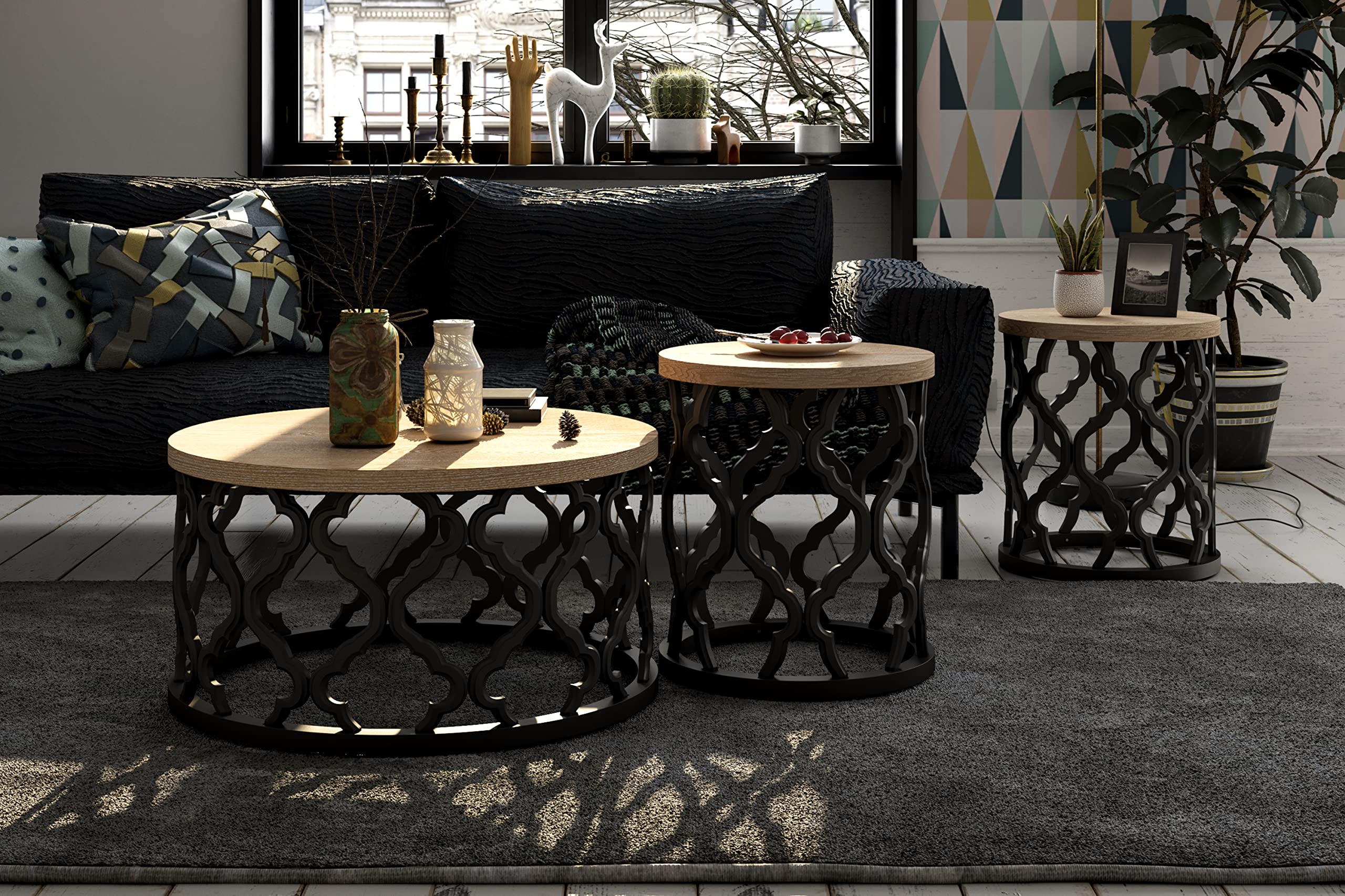 COZAYH Rustic Farmhouse Coffee Table, Distressed Wood Top Table with Curved Motif Frame Base for Modern, French Country Decor, Round, Black