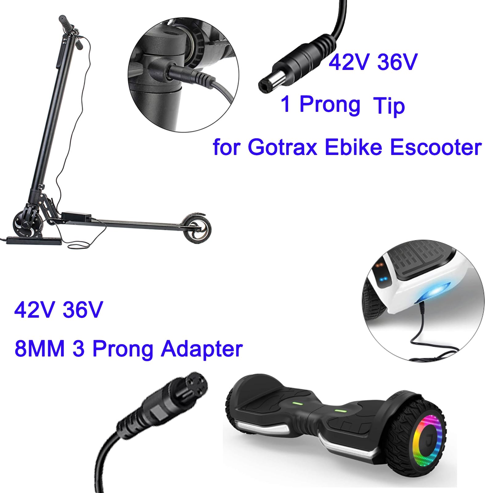 WYNESS 42V 2A Electric Scooter Charger for Gotrax GXL V2, G2, G3, G4, Apex, Glider, XR Elite, 2 Plugs for All 36 Volt Lithium Battery