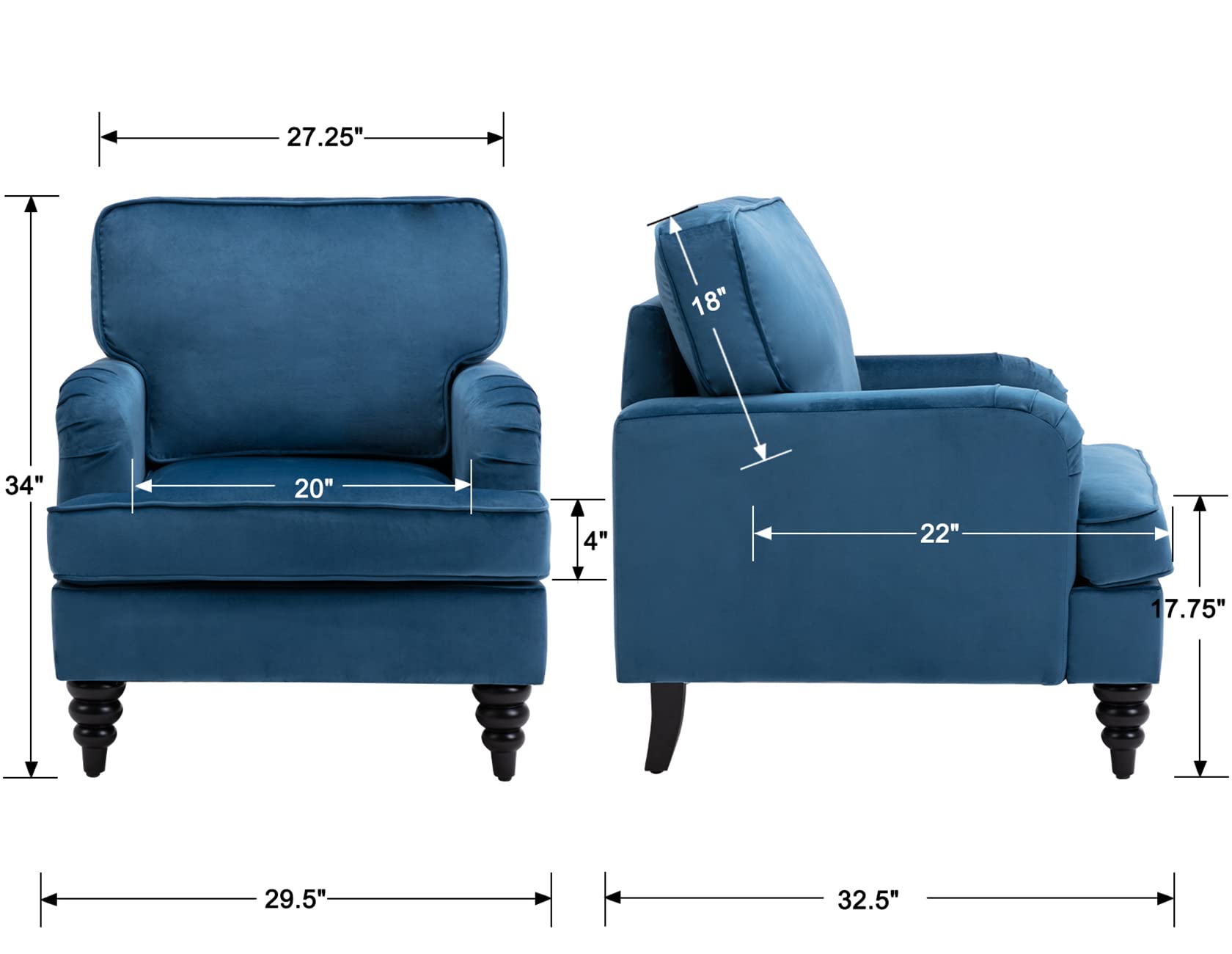 Kmax Accent Chair Velvet Modern Arm Sofa Chair Comfy Single Club Chair with Thick Cushion for Living Room Bedroom, Blue