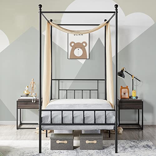 Yaheetech Metal Canopy Platform Bed Frame Four-Poster Canopied Bed Mattress Foundation with Headboard and Footboard Sturdy Slatted Structure No Box Spring Needed Easy Assembly Twin Black