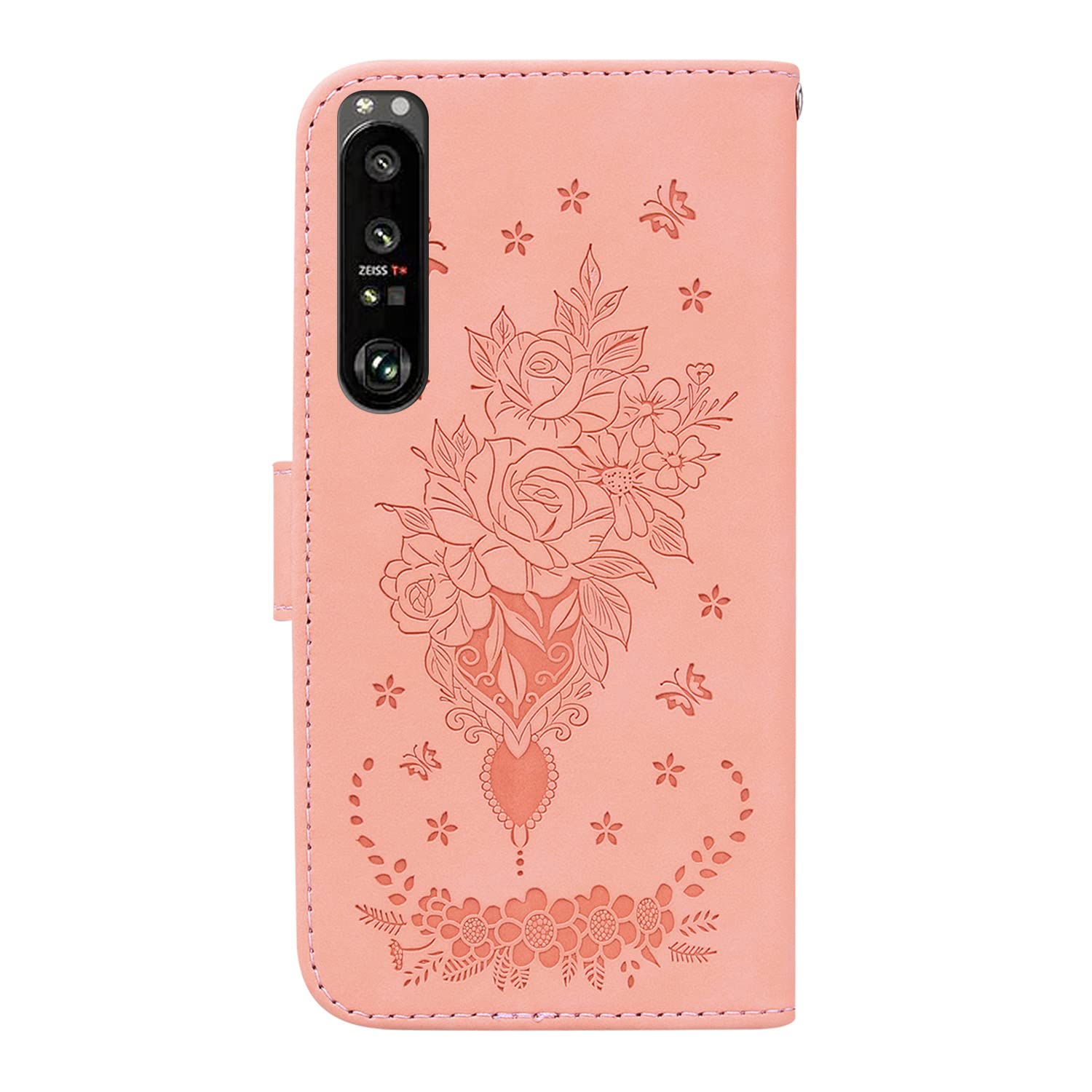 ONV Flip Case Compatible with Sony Xperia 1 III - Rose Butterfly Embossed Phone Case with Card Holder Lanyard Stand Case Leather Magnetic Wallet Cover for Sony Xperia 1 III [XT] -Pink
