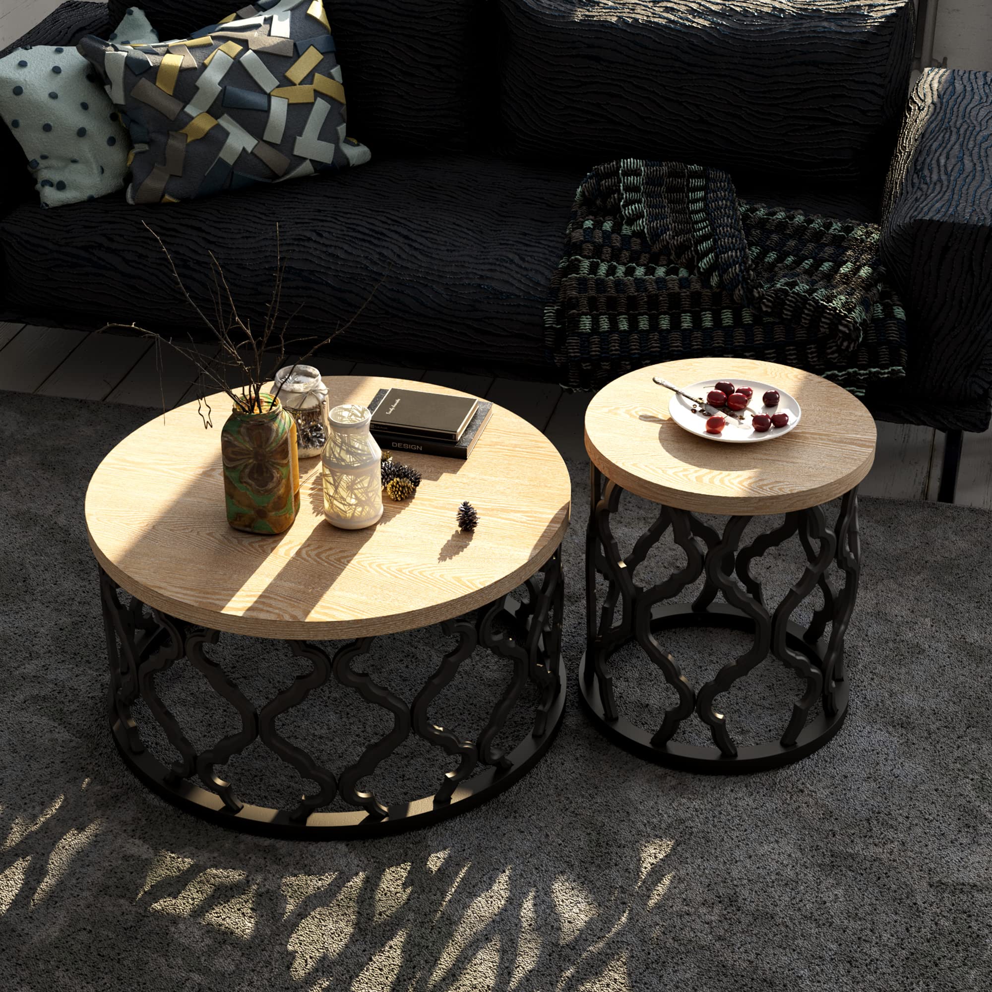 COZAYH Rustic Farmhouse Coffee Table, Distressed Wood Top Table with Curved Motif Frame Base for Modern, French Country Decor, Round, Black