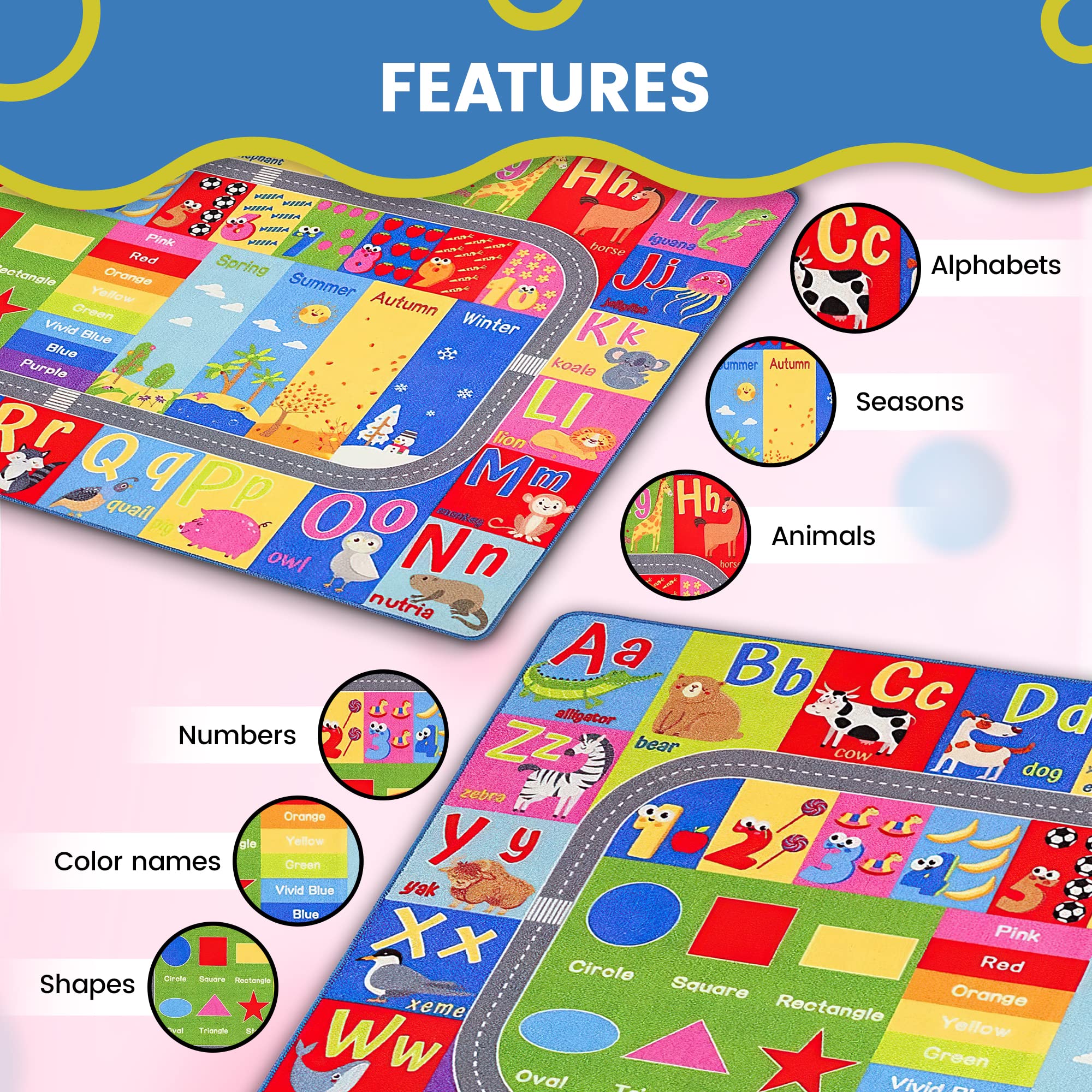 Toastmark Non-Slip ABC Rug for Fun Learning - 5X3 Feet - Polyester - Kids Rugs for Playroom with Alphabet, Numbers, Animal Seasons and Shapes - Multi-Color