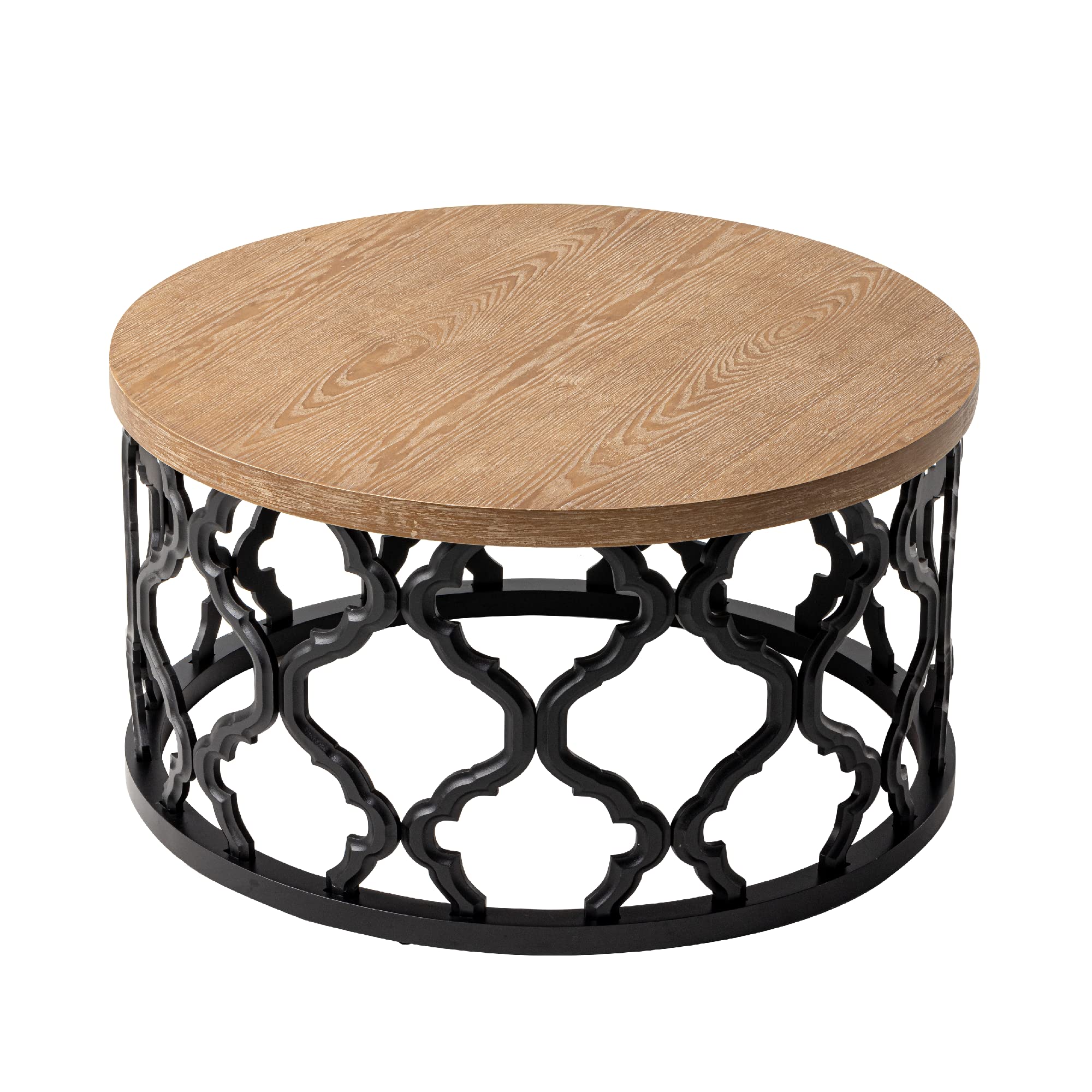 COZAYH Rustic Farmhouse Coffee Table, Distressed Wood Top Table with Curved Motif Frame Base for Modern, French Country Decor, Round, Black