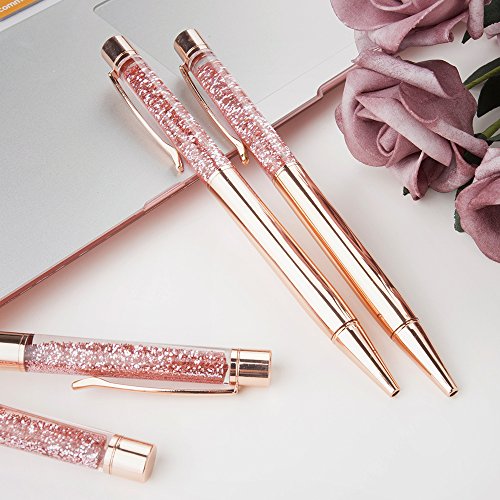 Ballpoint Pens, BYSOU 4pcs Rose Gold Metal Pen Refills Bling Dynamic Liquid Sand Pen Black Ink for Office Supplies