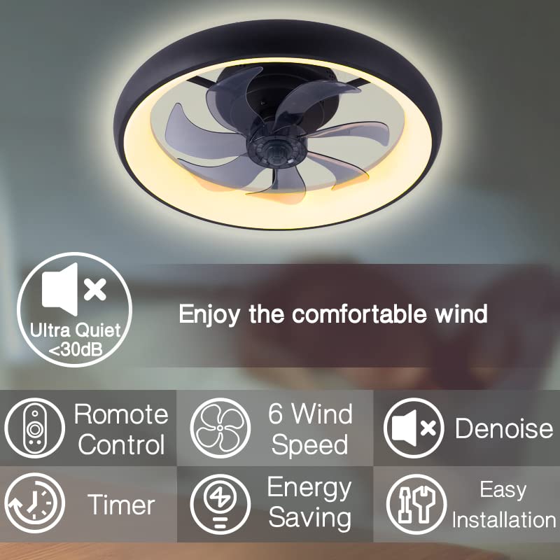 Femony Ceiling Fans with Light,20" Dimmable Modern Ceiling Fans with Lights and Remote,3 Light Color Change/6-Speed/Timing Setting,Flush Mount Ceiling Fan for Bedroom,Matte Black Finish