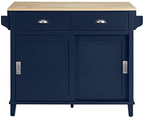 Crosley Furniture Cora Drop Leaf Kitchen Island Microwave Stand, Coffee Bar with Storage Drawers and Shelves, Navy