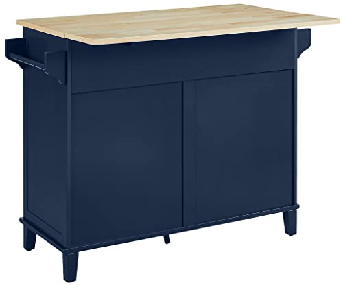 Crosley Furniture Cora Drop Leaf Kitchen Island Microwave Stand, Coffee Bar with Storage Drawers and Shelves, Navy