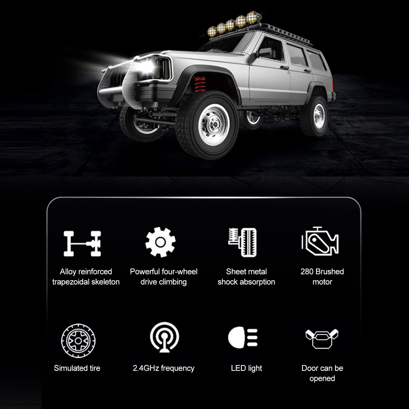 Goolsky RC Rock Crawler, 1:12 Scale Remote Control Car, 4WD Off Road RC Truck, 2.4Ghz All Terrains Climbing Vehicle, RC Car with LED Lights for Kids and Adults, Include 2 Batteries (Silver)