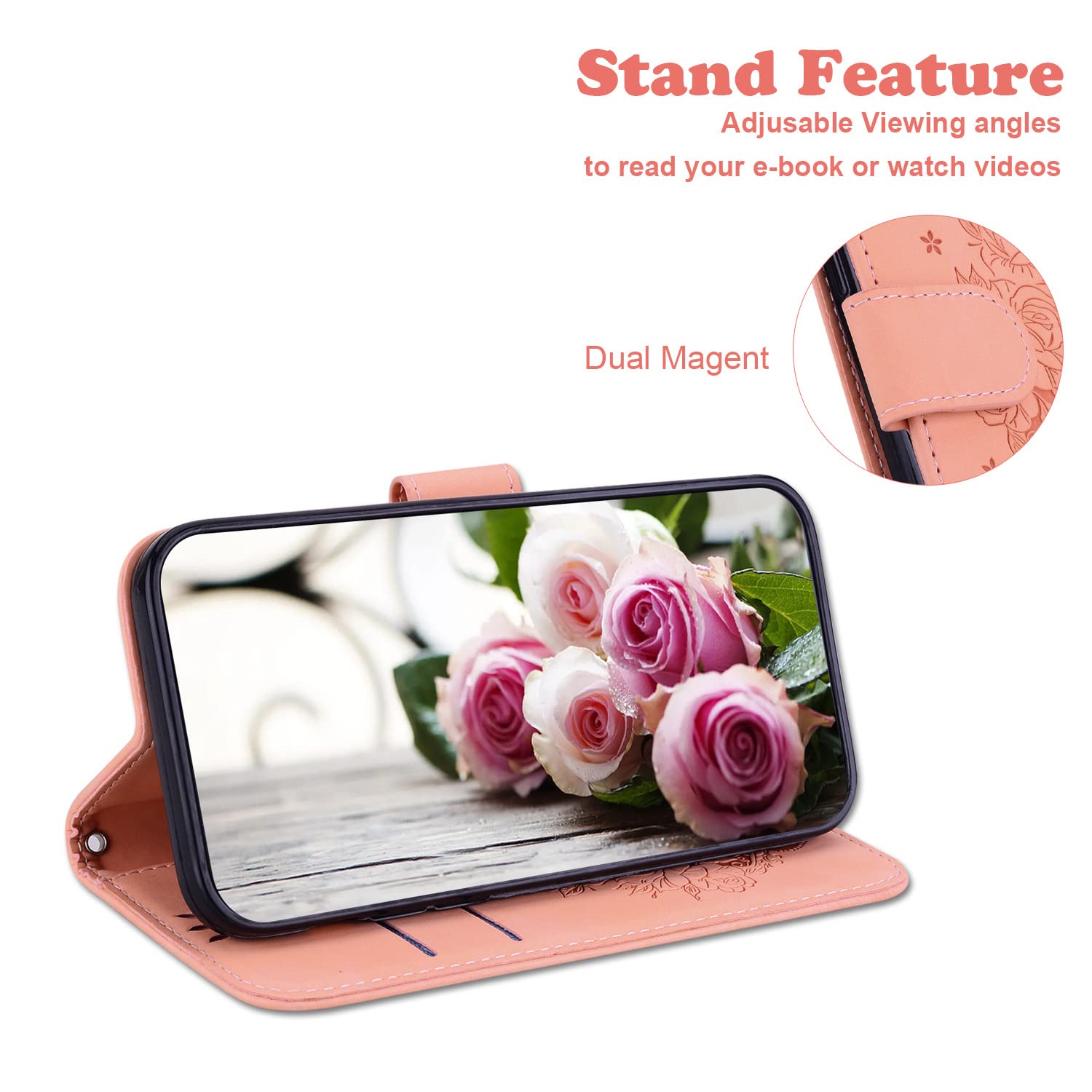 ONV Flip Case Compatible with Sony Xperia 1 III - Rose Butterfly Embossed Phone Case with Card Holder Lanyard Stand Case Leather Magnetic Wallet Cover for Sony Xperia 1 III [XT] -Pink