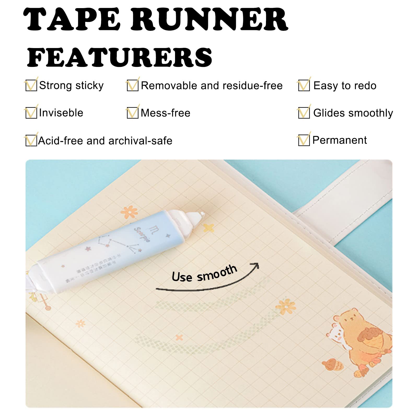 BITOSEE 2 in 1 Whiteout Correction Tape and Double Sided Tape Roller, Cute Quick Dry Japan Whiteout Tape, with Permanent Adhesive Tape Runner,for School Office Instant Correction & Scrapbook Supplies