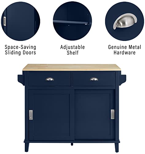 Crosley Furniture Cora Drop Leaf Kitchen Island Microwave Stand, Coffee Bar with Storage Drawers and Shelves, Navy