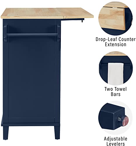 Crosley Furniture Cora Drop Leaf Kitchen Island Microwave Stand, Coffee Bar with Storage Drawers and Shelves, Navy