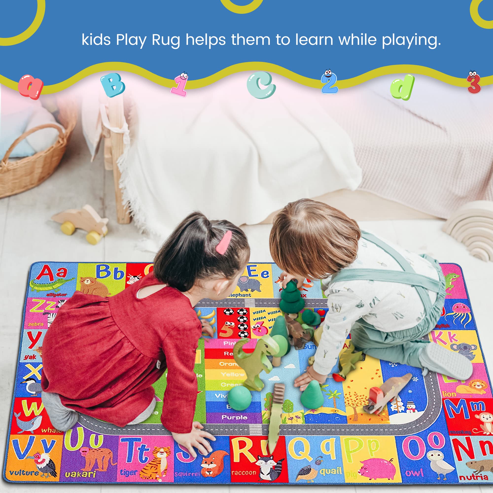 Toastmark Non-Slip ABC Rug for Fun Learning - 5X3 Feet - Polyester - Kids Rugs for Playroom with Alphabet, Numbers, Animal Seasons and Shapes - Multi-Color