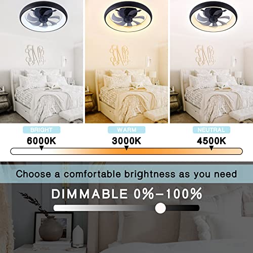Femony Ceiling Fans with Light,20" Dimmable Modern Ceiling Fans with Lights and Remote,3 Light Color Change/6-Speed/Timing Setting,Flush Mount Ceiling Fan for Bedroom,Matte Black Finish