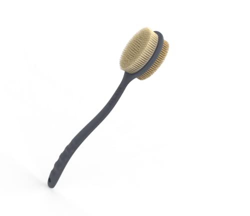 Avilana Shower Body Brush with Long Curved Handle, Long Silicone Handle Back Scrubber With Dual-Sided Long Handle Bath Shower Brush with Soft and Stiff Bristles (Long Handle-Dark Gray)