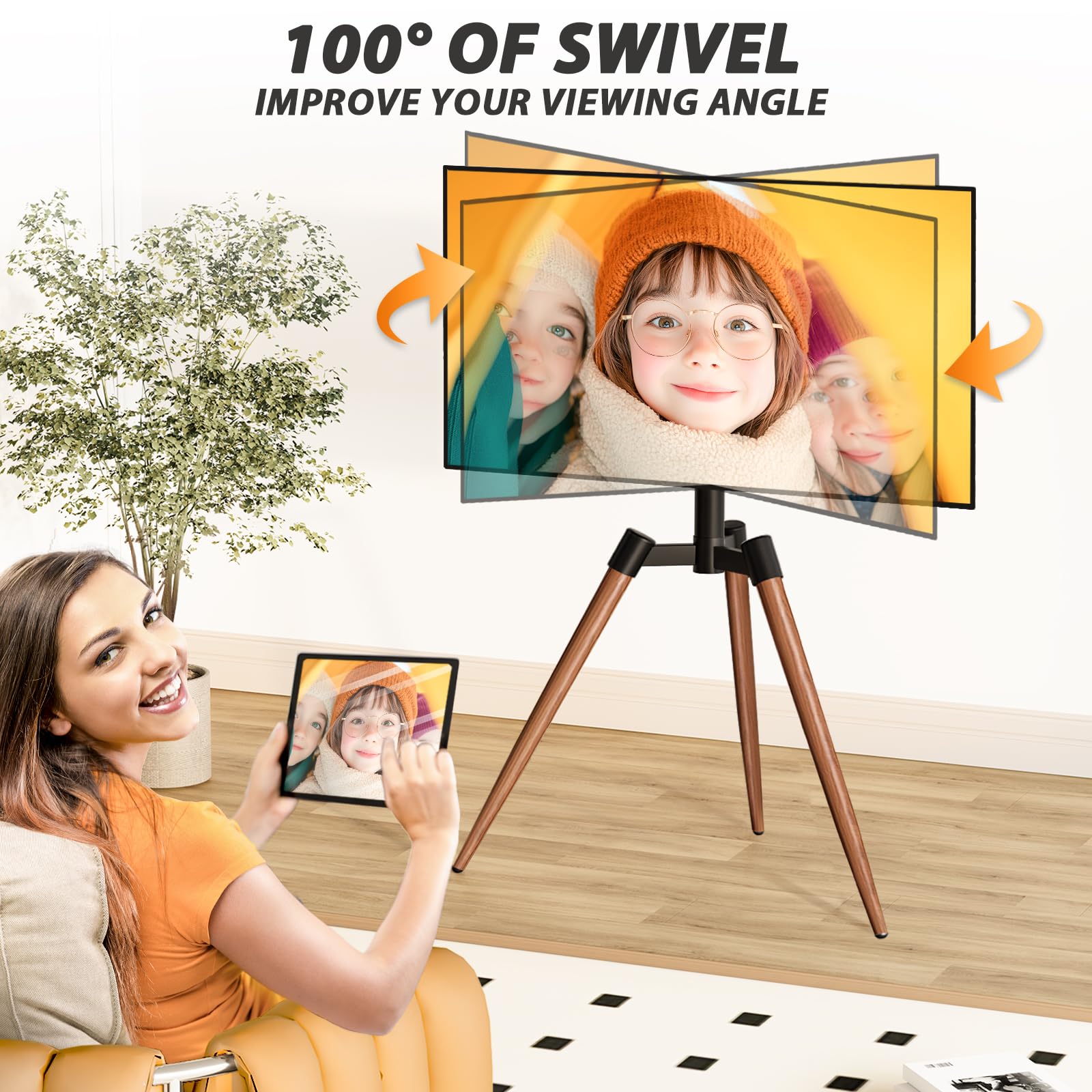 TVON Easel TV Stand with Tripod Base for 37–65 Inch Flat/Curved Screen TVs up to 77 lbs, Height Adjustable TV Floor Stand with Cable Ties and 100° Swivel for Bedroom, Living Room, Studio, Brown