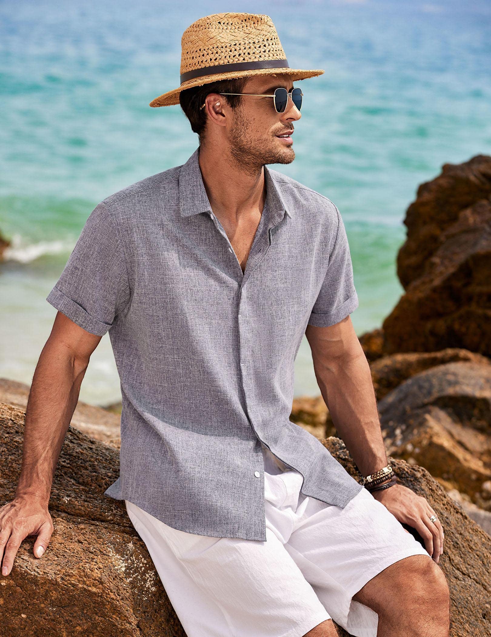 COOFANDY Men's Casual Shirts Button Down Linen Shirt Short Sleeve Cotton Linen Shirts for Men Summer Beach Yoga T Shirts Dark Blue Grey