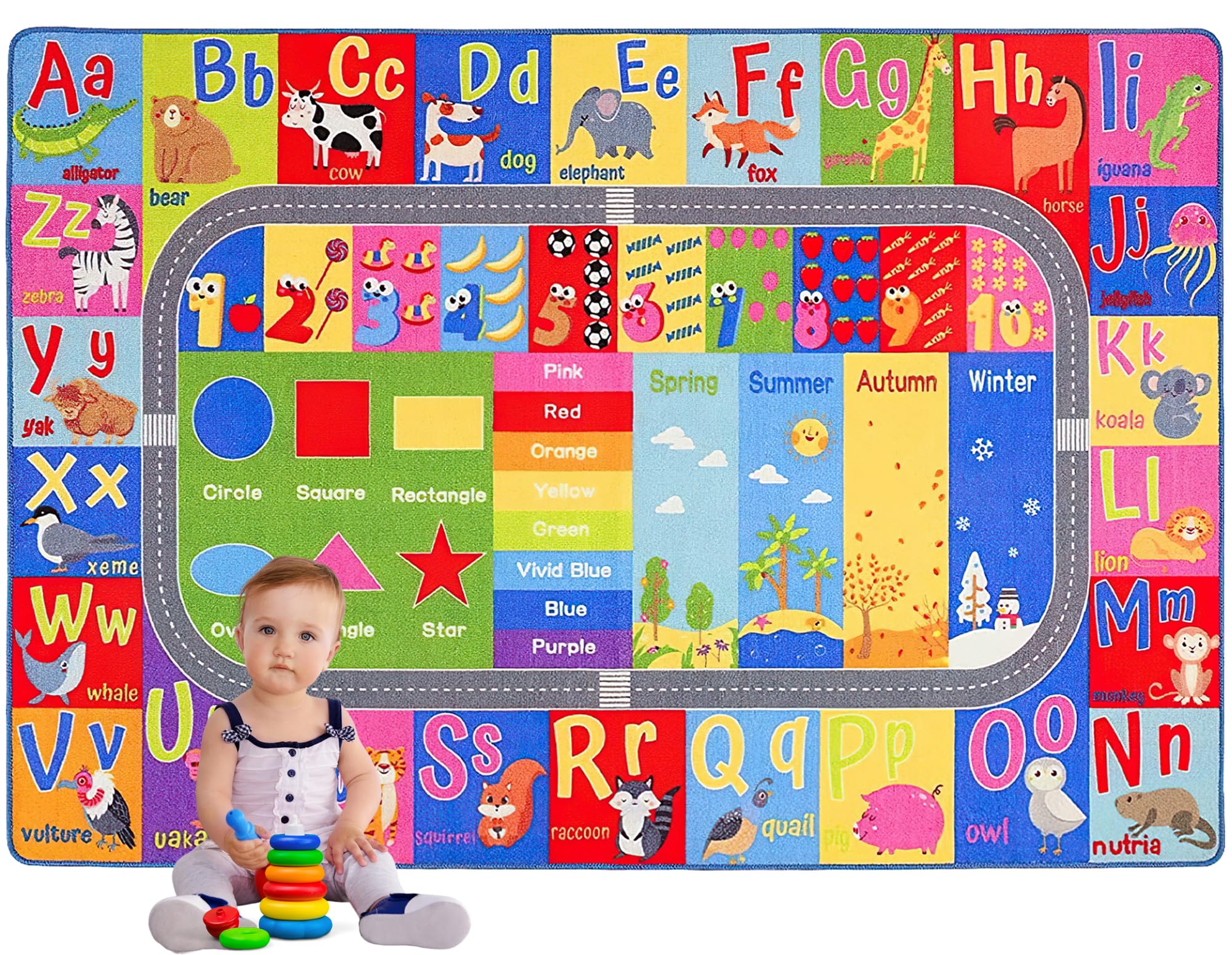 Toastmark Non-Slip ABC Rug for Fun Learning - 5X3 Feet - Polyester - Kids Rugs for Playroom with Alphabet, Numbers, Animal Seasons and Shapes - Multi-Color