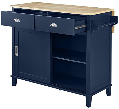 Crosley Furniture Cora Drop Leaf Kitchen Island Microwave Stand, Coffee Bar with Storage Drawers and Shelves, Navy
